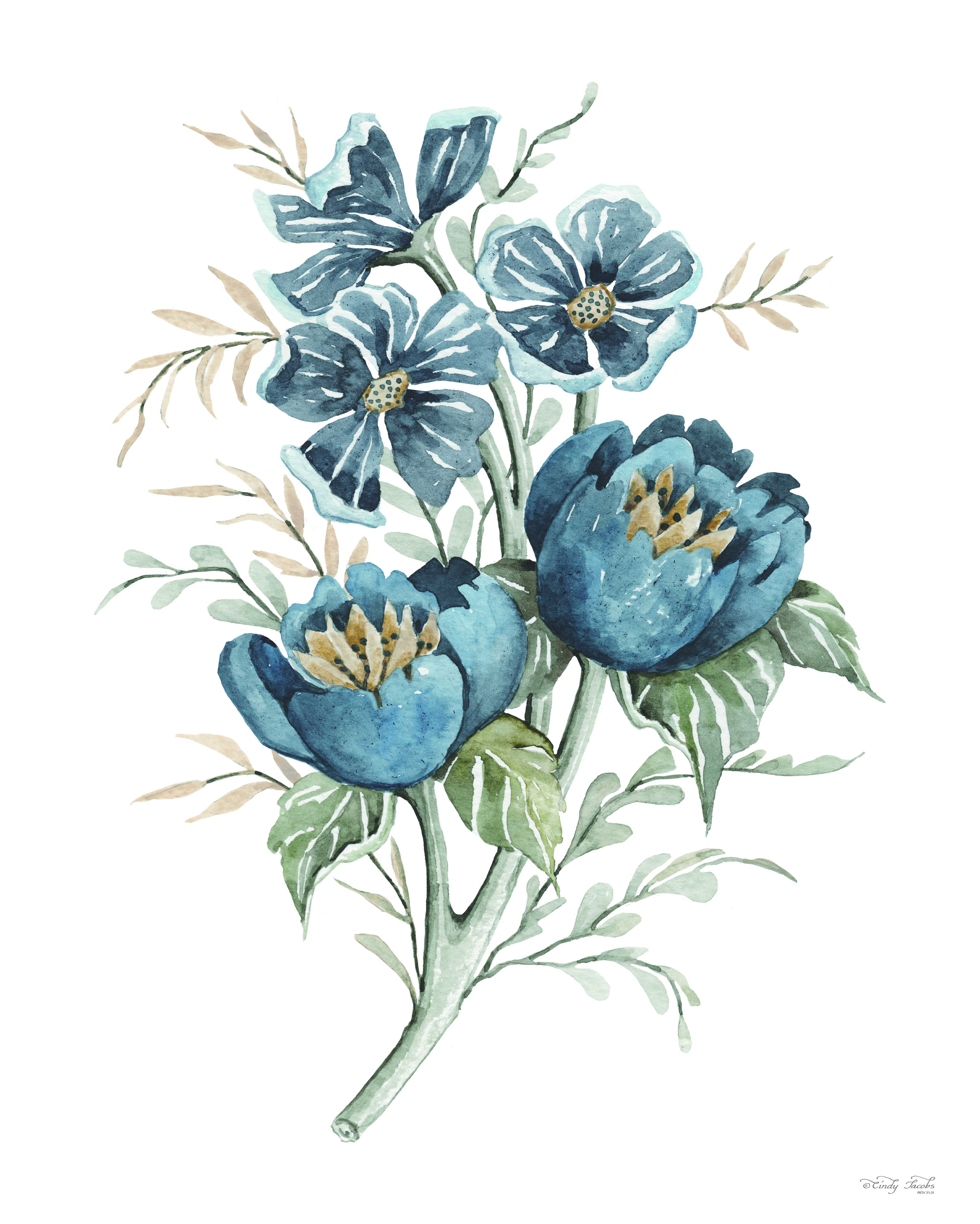 Wildon Home® Blue Botanical Peonies by Cindy Jacobs - Wrapped Canvas Print | Wayfair